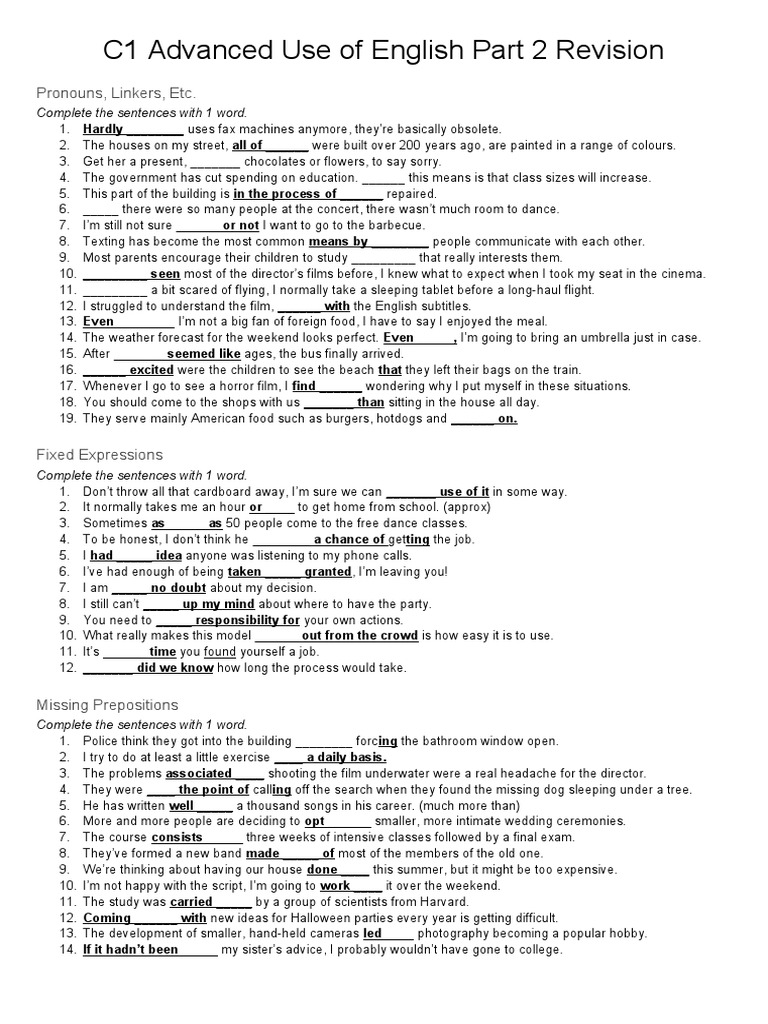 C1 Advanced Use of English Part 2 Revision: Pronouns, Linkers, Etc | PDF
