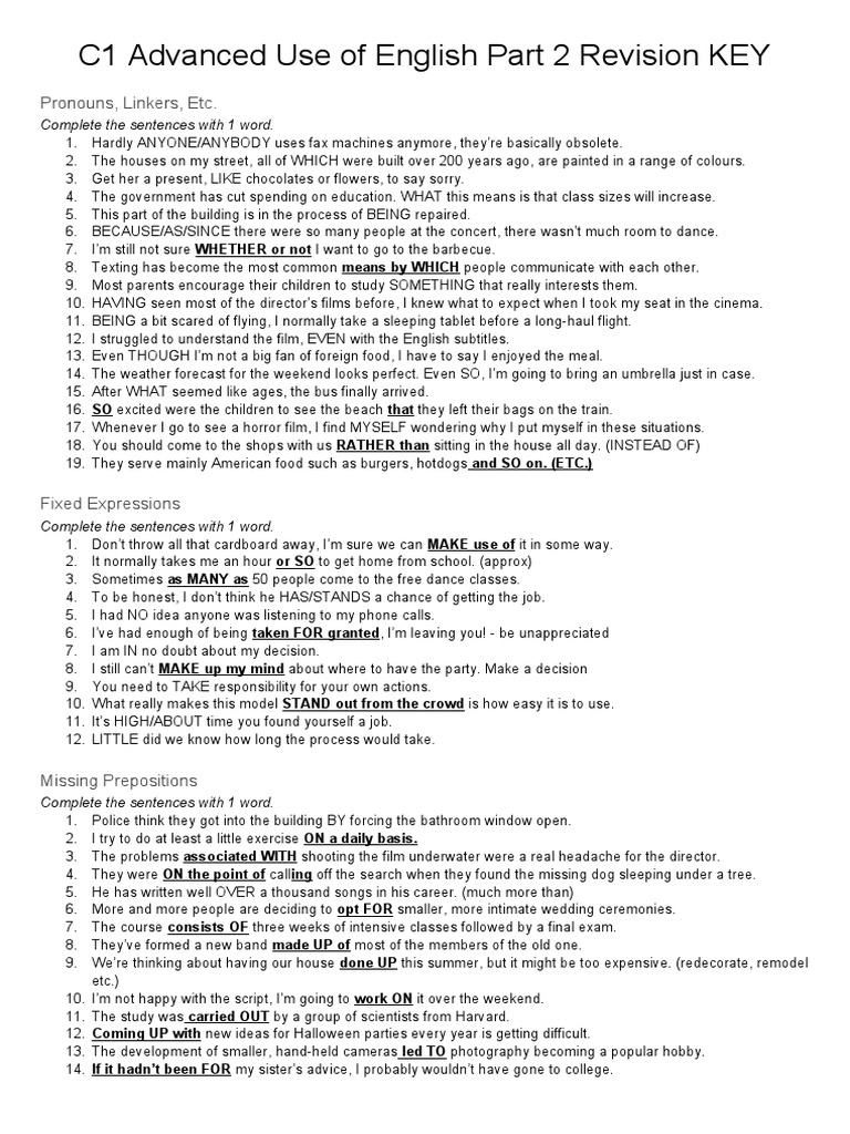 C1 Advanced Use of English Part 2 Revision KEY: Pronouns, Linkers, Etc ...