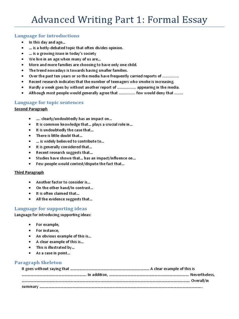 Advanced Writing Part 1: Formal Essay: Language For Introductions | PDF ...