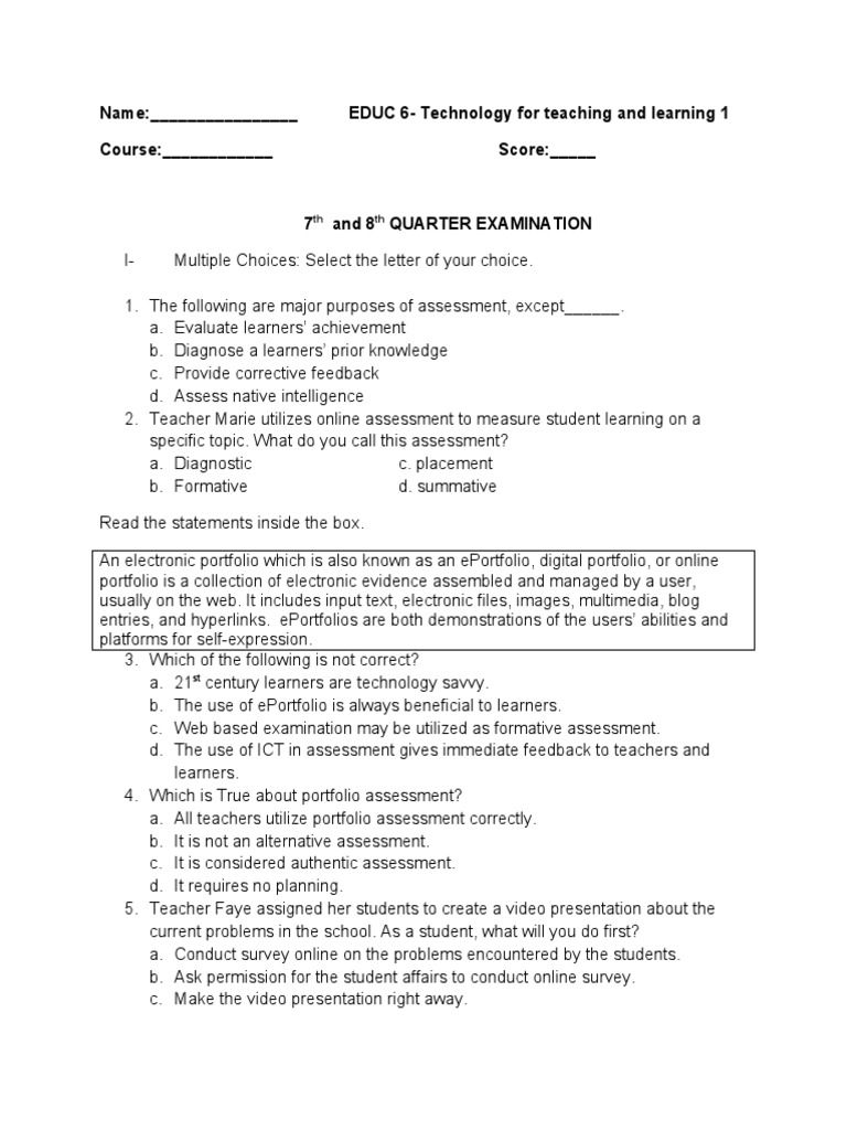 Name: - EDUC 6-Technology For Teaching and Learning 1 Course: - Score ...