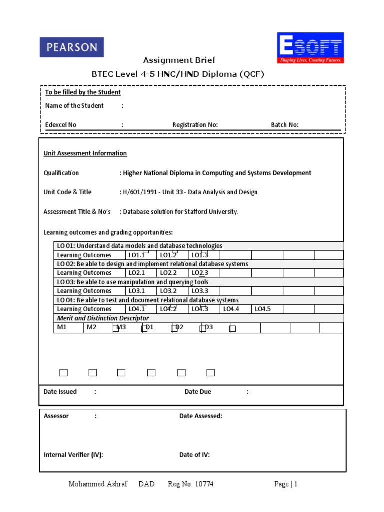 Assignment Brief BTEC Level 4-5 HNC/HND Diploma (QCF) : To Be Filled by ...