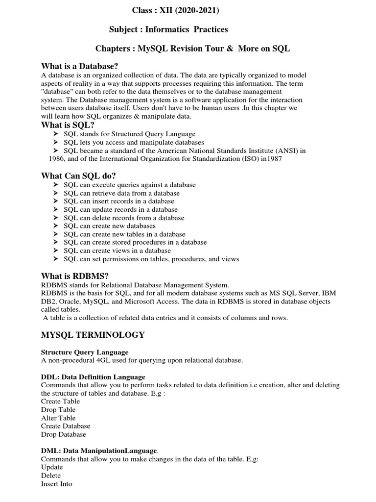 12 - Information Practices | PDF | Relational Database | Sql