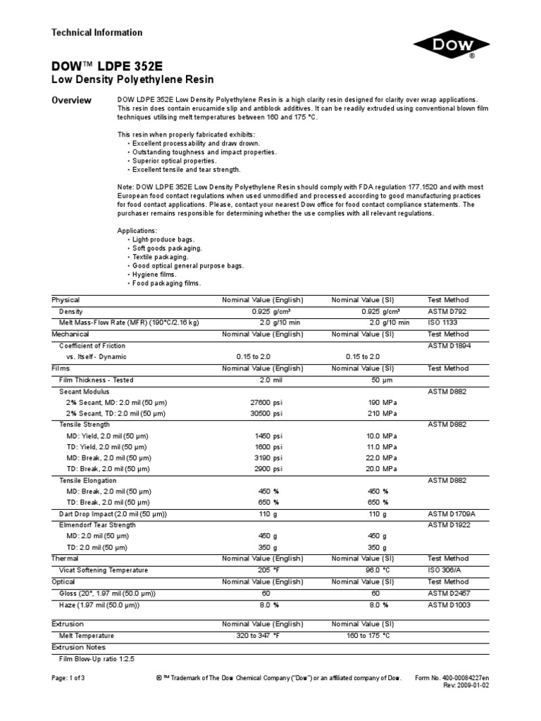 Dow™ Ldpe 352E: Low Density Polyethylene Resin | PDF | Polyethylene ...