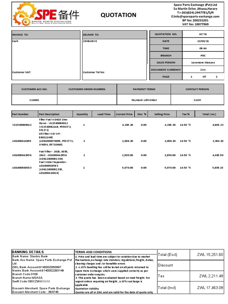 Quotation: Total (Excl) ZWL 15,251.60 Discount Tax ZWL 2,211.48 Total ...