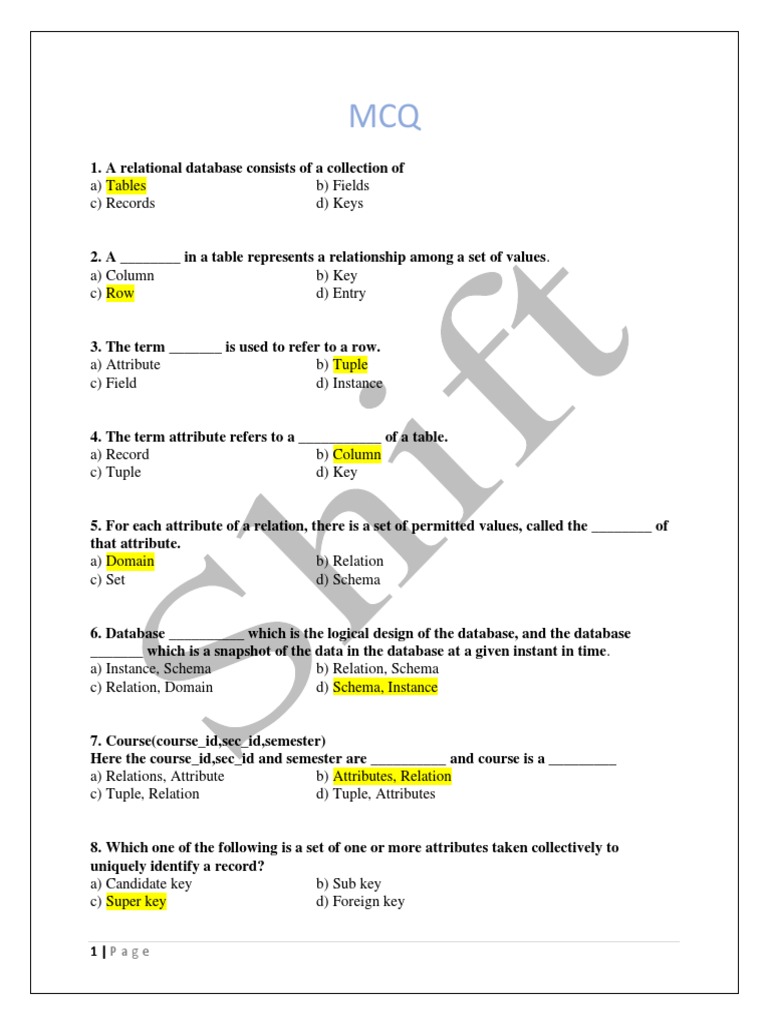 MCQ | PDF | Relational Database | Relational Model