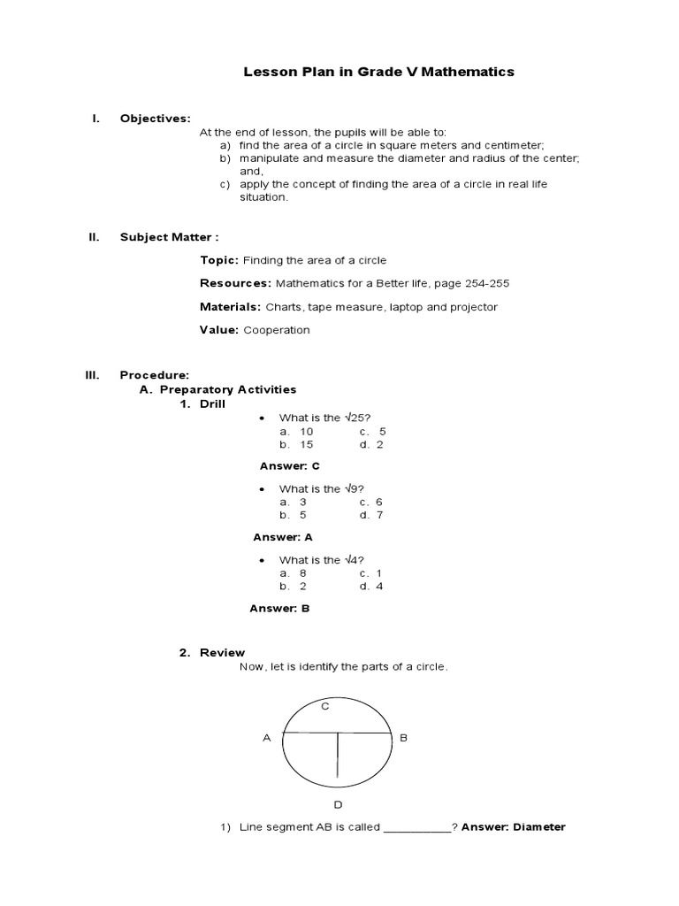 Lesson Plan in Grade V Mathematics: I. Objectives | Download Free PDF ...