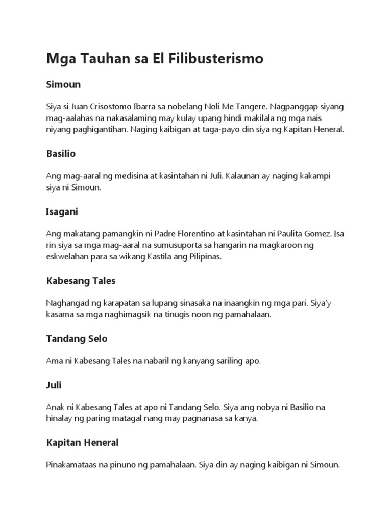 Mga Tauhan Sa El Filibusterismo | PDF