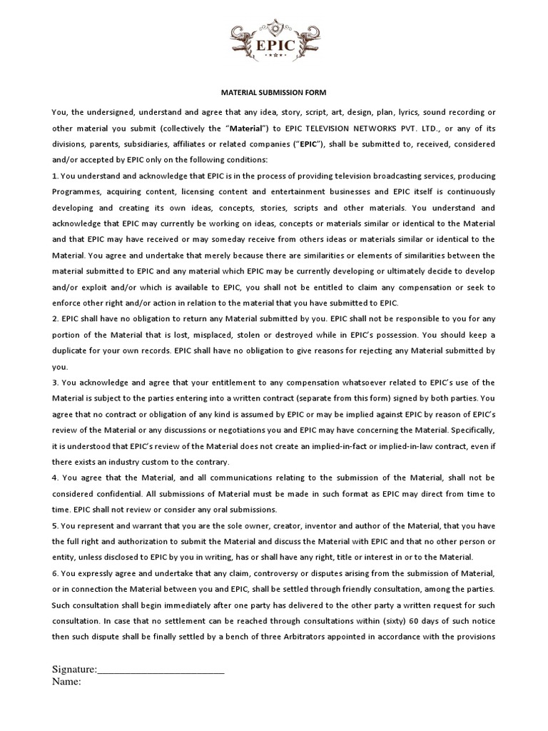 EPIC MATERIAL SUBMISSION FORM-Sep 13 | PDF | Indemnity | Arbitration