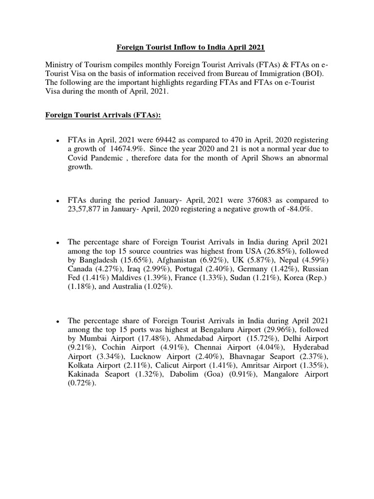Foreign Tourist Inflow To India April 2021 | PDF