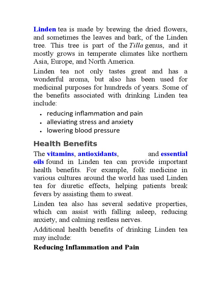 Linden: Health Benefits | PDF | Vasodilation | Tea