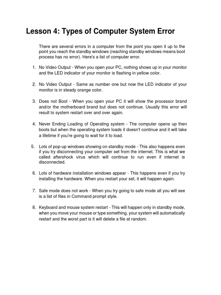 Types of Computer System Error | PDF | Operating System | Computer Hardware