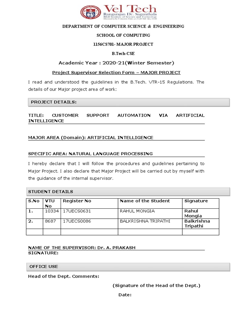 Major Project Supervisor Selection Form | PDF