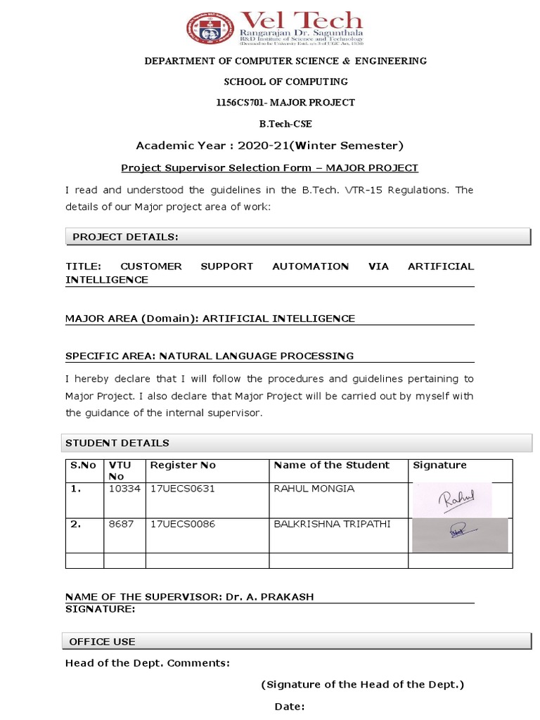 Major Project Supervisor Selection Form | PDF