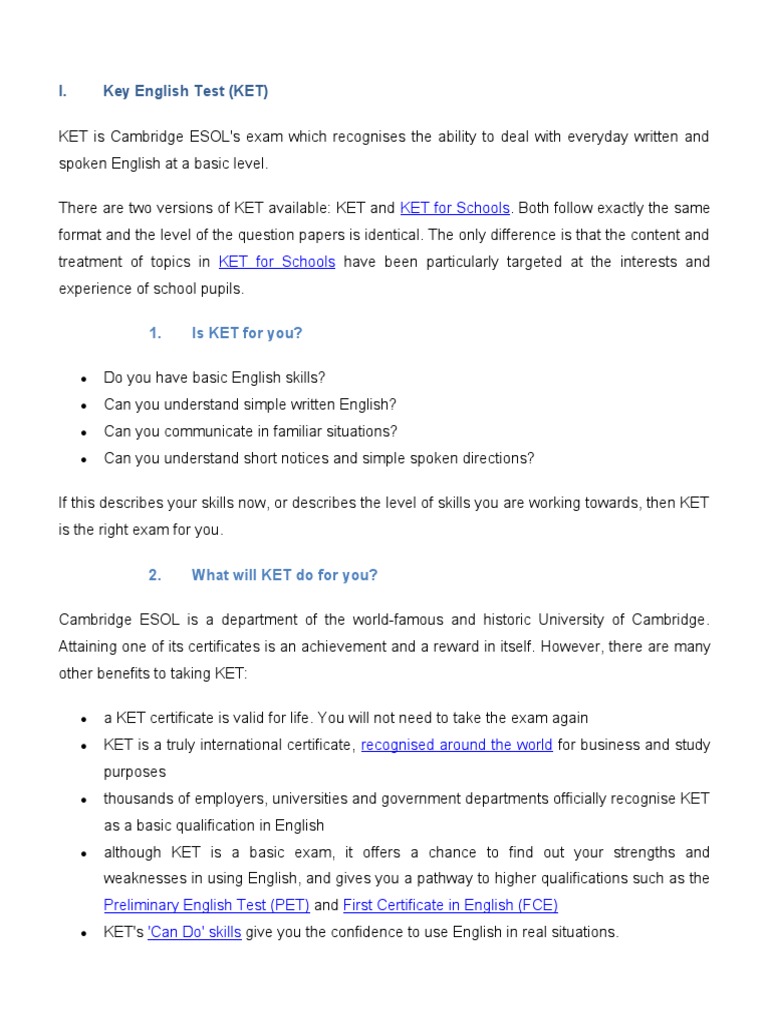 KET For Schools: I. Key English Test (KET) | PDF | International ...