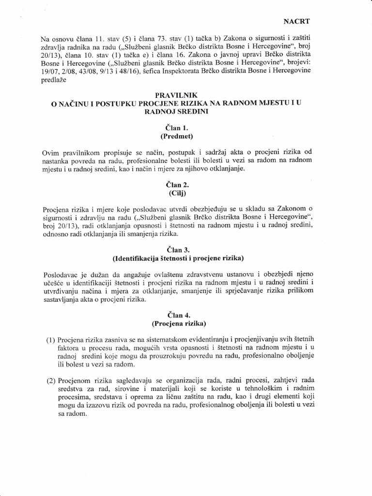Nacrt Pravilnika o Nacinu I Postupku Procjene Rizika Na Radnom Mjestu I ...