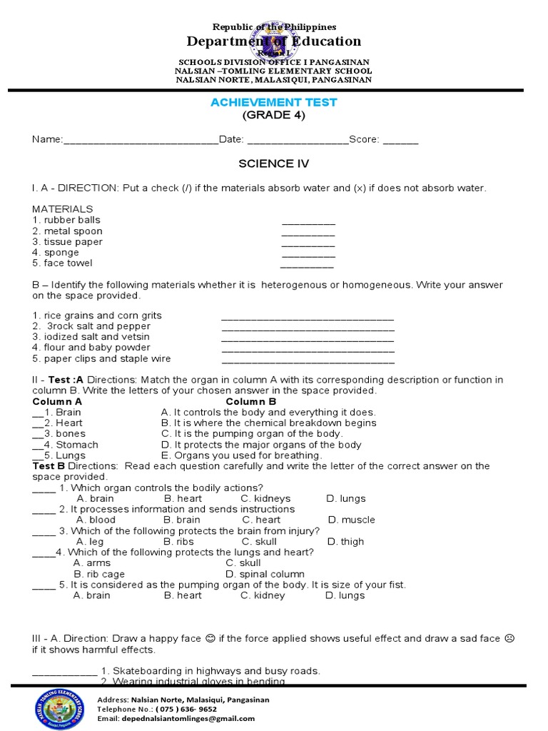 Grade 4 Science Achievement Test | PDF | Natural Materials | Soil