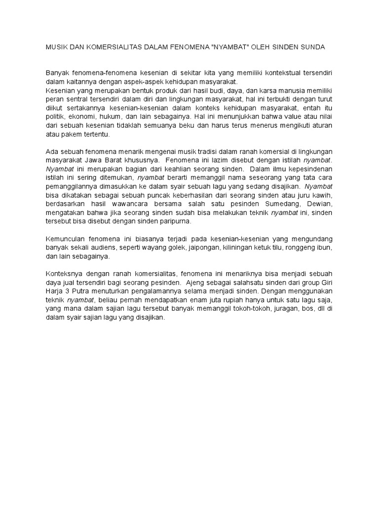 Musik Dan Komersialitas Dalam Fenomena - Nyambat - Oleh Sinden Sunda | PDF