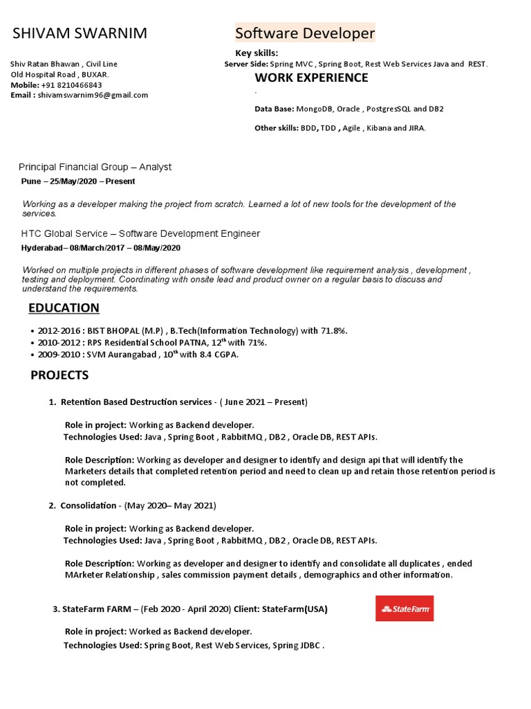 Shivam Swarnim Software Developer: Work Experience | PDF | Representational State Transfer | Web ...