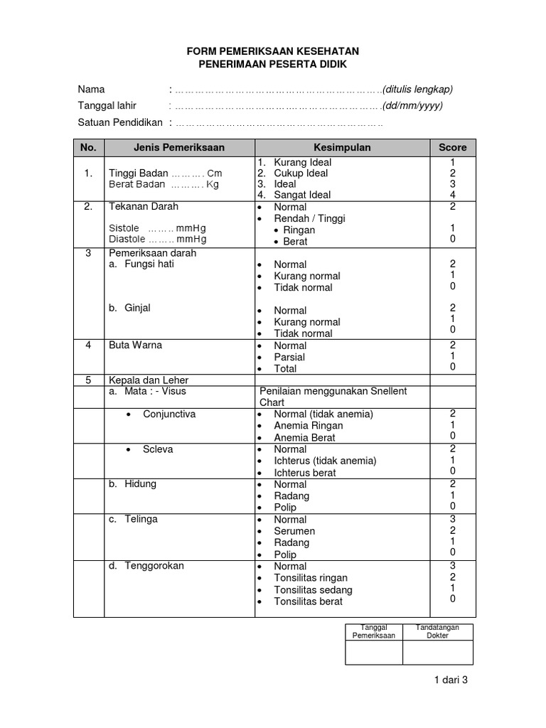 Form Pemeriksaan Kesehatan Pentaru 2020 | PDF