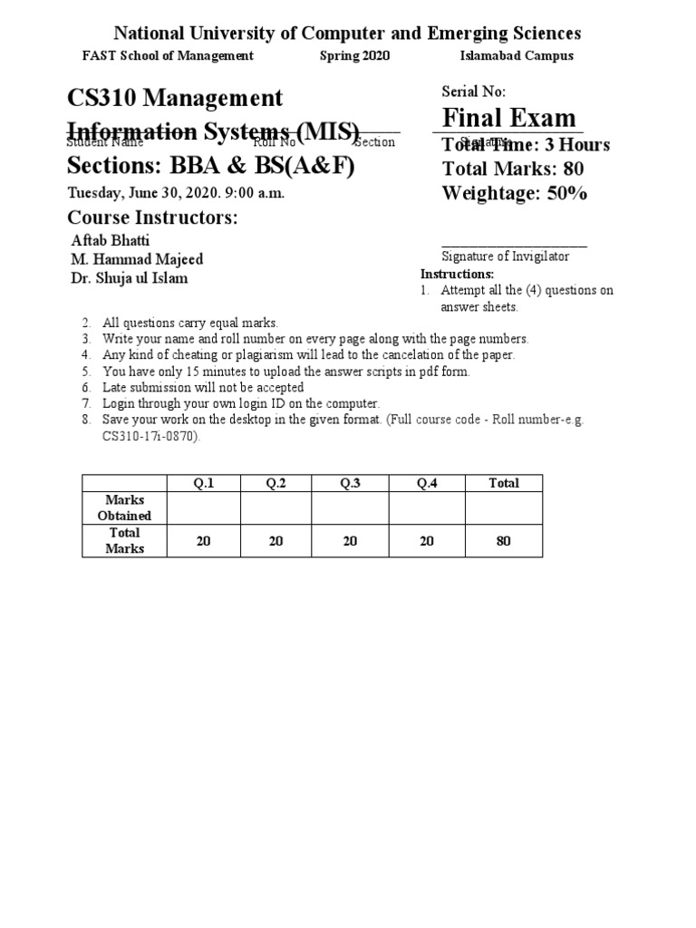 CS310-MIS-Final Exam Spring 2020 | PDF | World Wide Web | Internet & Web