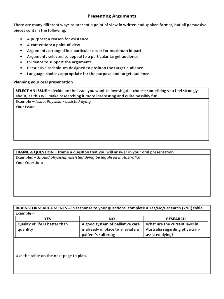 Presenting Arguments Oral Presentation Planning Template - Copy-1 | PDF ...