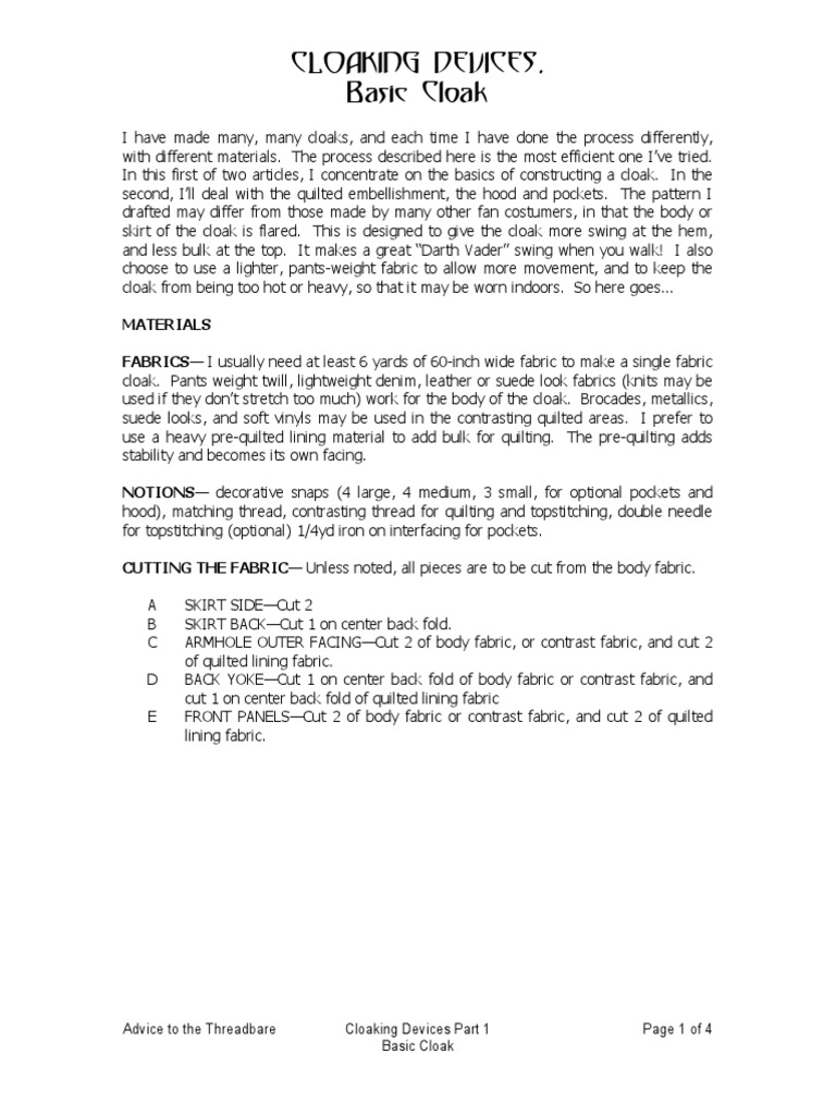 Cloaking Devices Part 1 Basic Cloak Pdf Seam Sewing Sewing