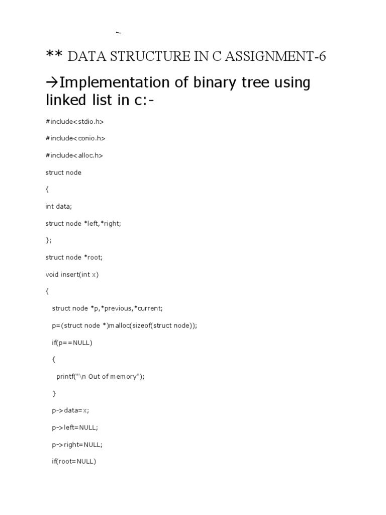 Implementation of Binary Tree Using Linked List in C | PDF | Computer ...