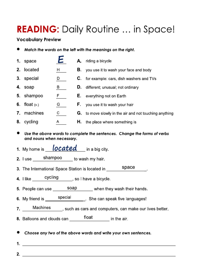 Daily Routine in Space - Reading Activity | PDF