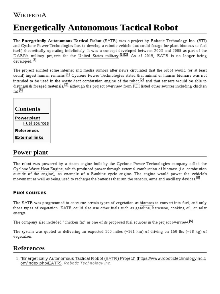 Energetically Autonomous Tactical Robot: Power Plant References ...