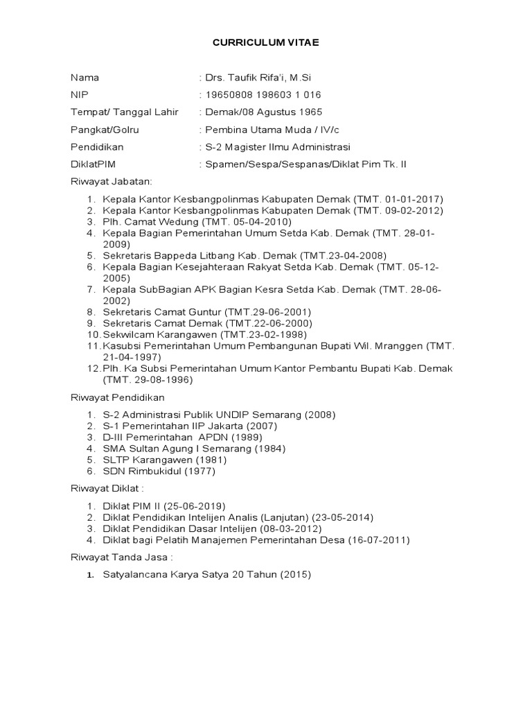 CV Kepala Bappeda Litbang | PDF