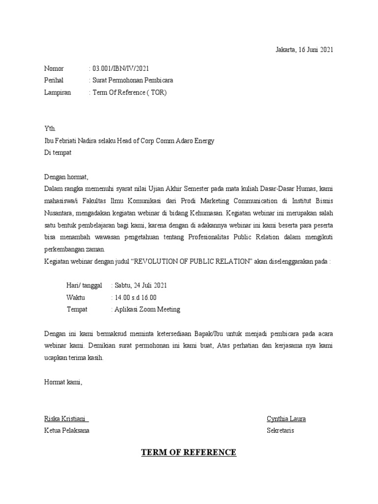 Surat Permohonan & TOR | PDF
