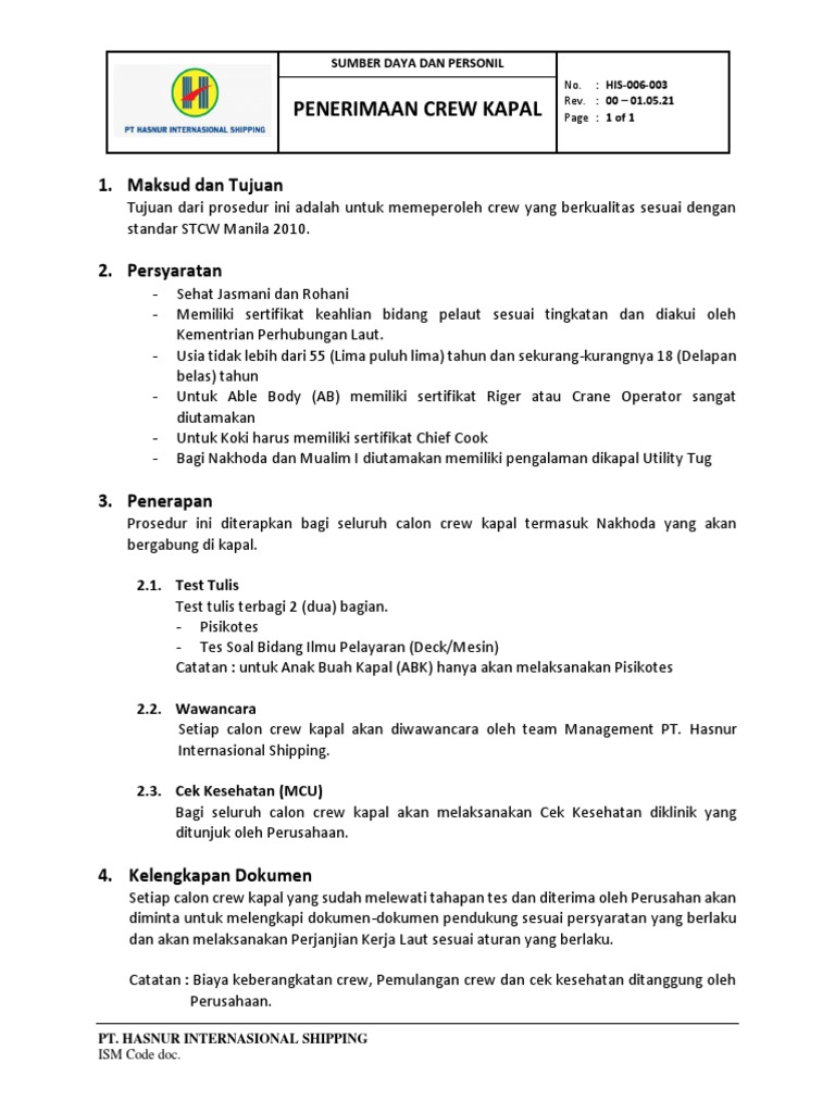 Penerimaan Crew Kapal | PDF