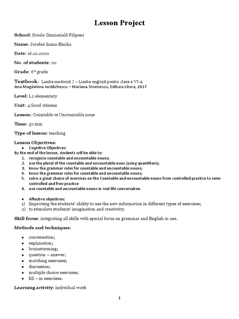 Lesson Plan - Countable Vs Uncountable (Teaching) | PDF | Noun ...