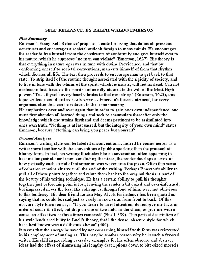 Summary of Emerson's Self-Reliance | PDF | Ralph Waldo Emerson | Human ...