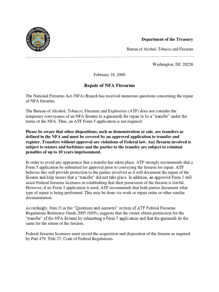 ATF Letter: Repair of NFA Firearms | PDF