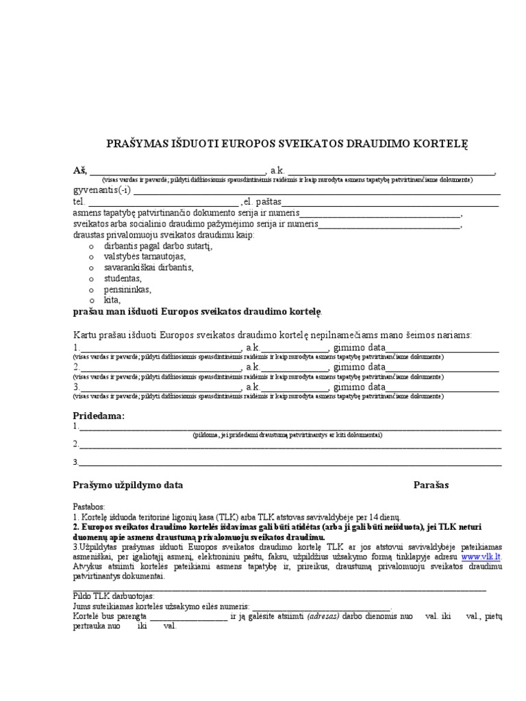 Prašymas Išduoti Europos Sveikatos Draudimo Kortelę | PDF