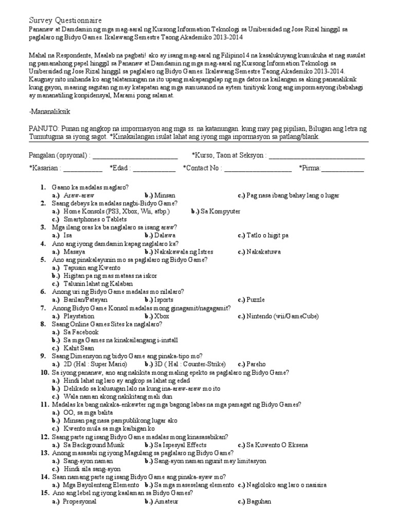 Halimbawa NG Isang Survey Questionnaire Sa Pamanahong Papel | PDF