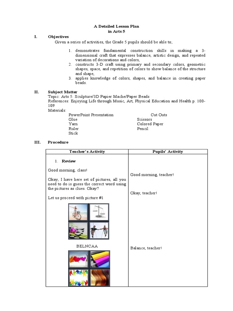A Detailed Lesson Plan in Arts 5 I. Objectives | PDF | Bead | Teachers