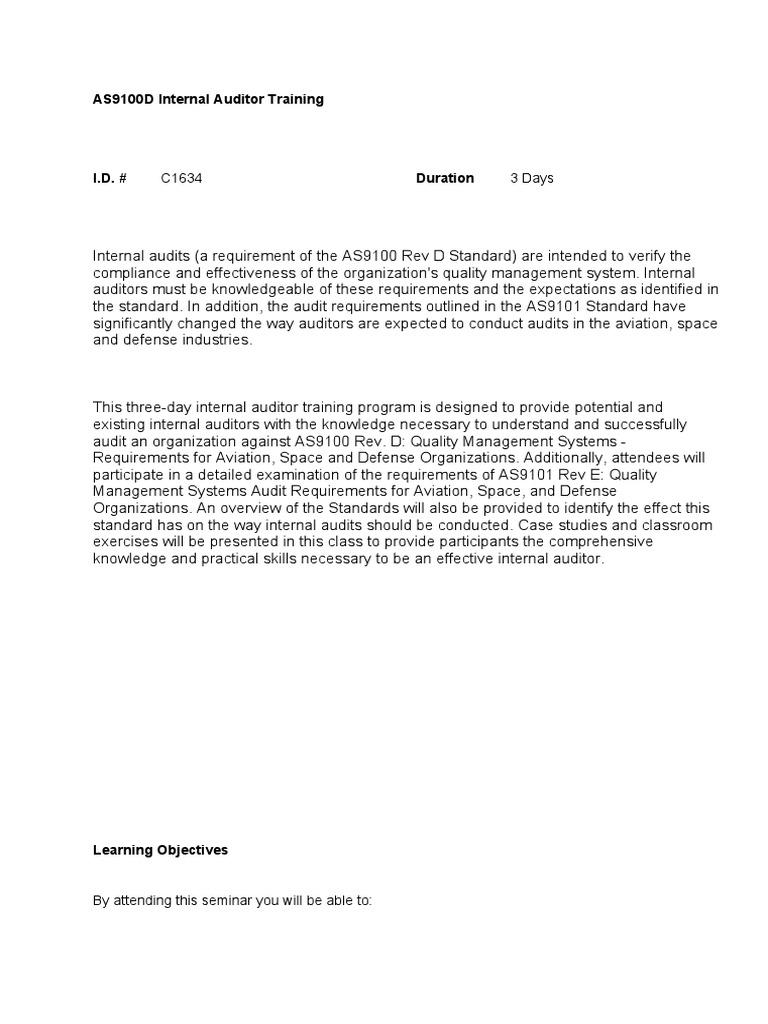 AS9100 D Internal Auditor | PDF | Internal Audit | Audit