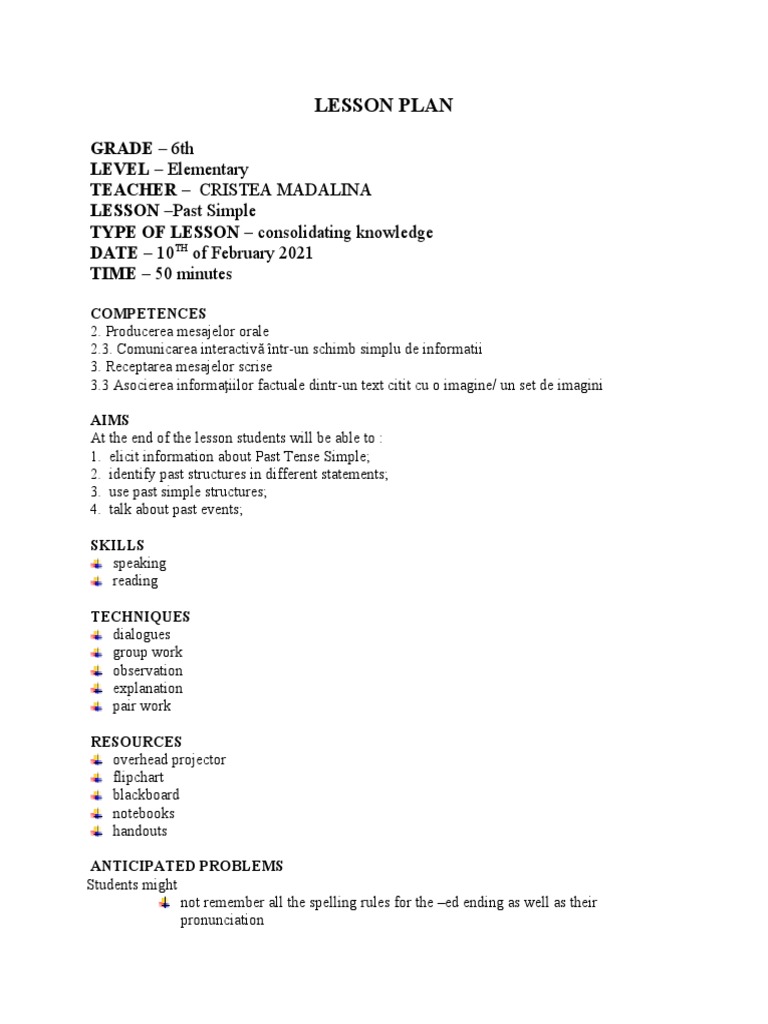 6th Grade Past Simple Lesson Plan | PDF | Question | Language Mechanics
