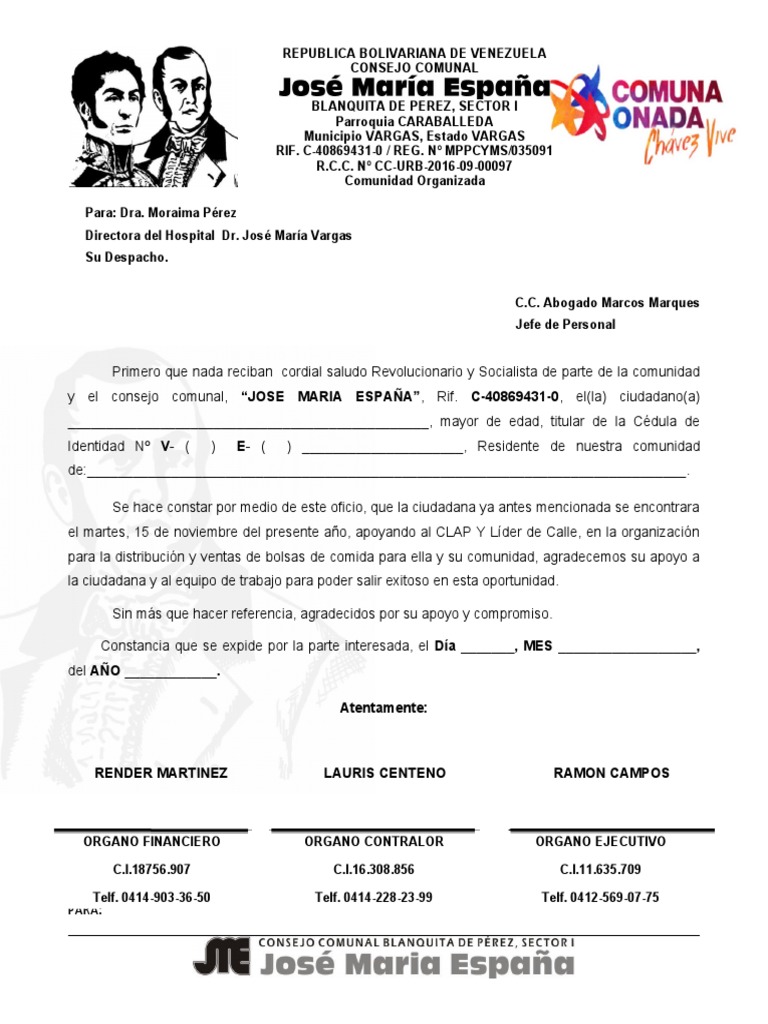 Formato Carta Consejo Comunal | Descargar gratis PDF | Hugo Chavez | Nicolás Maduro