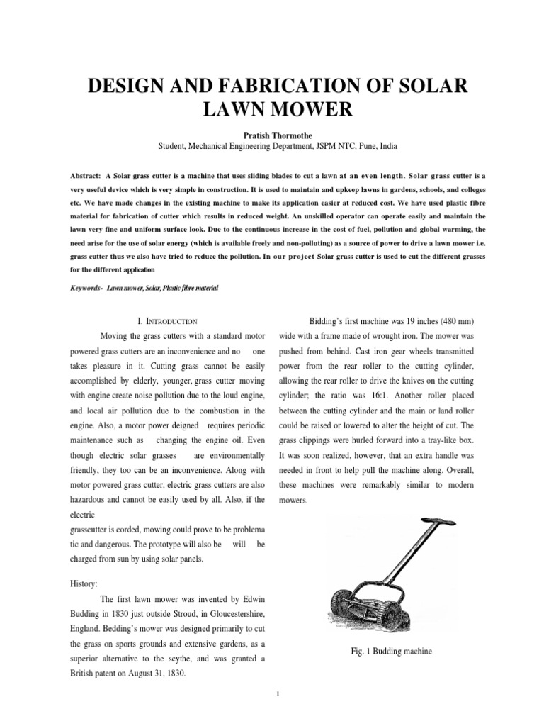 Design and Fabrication of Solar Lawn Mower: Pratish Thormothe | PDF ...