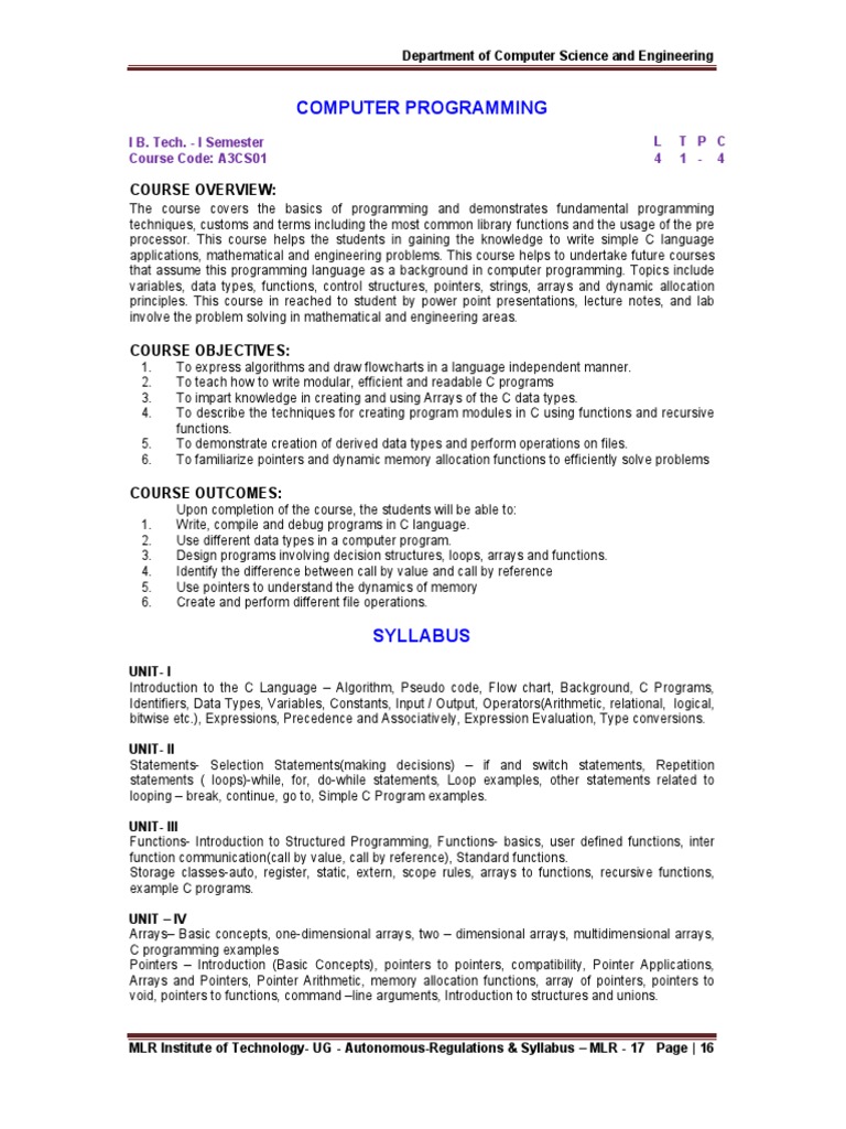 Computer Programming: Course Overview | PDF | Pointer (Computer Programming) | C (Programming ...