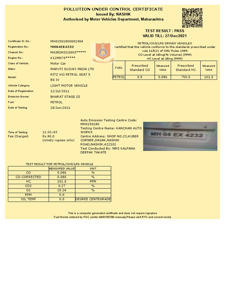 Pollution Under Control Certificate: Issued By: NASHIK Authorised by ...