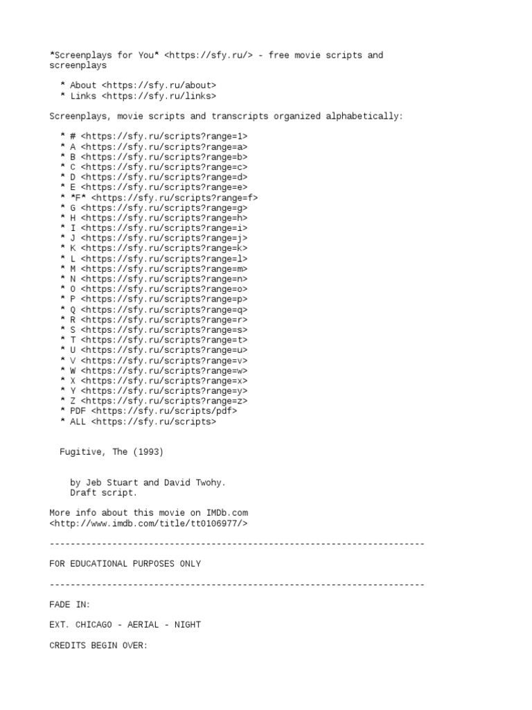 Fugitive, The (1993) Movie Script - Screenplays For You | PDF ...
