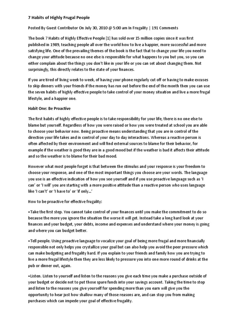 7 Habits Of Highly Frugal People Pdf Cognition Psychology