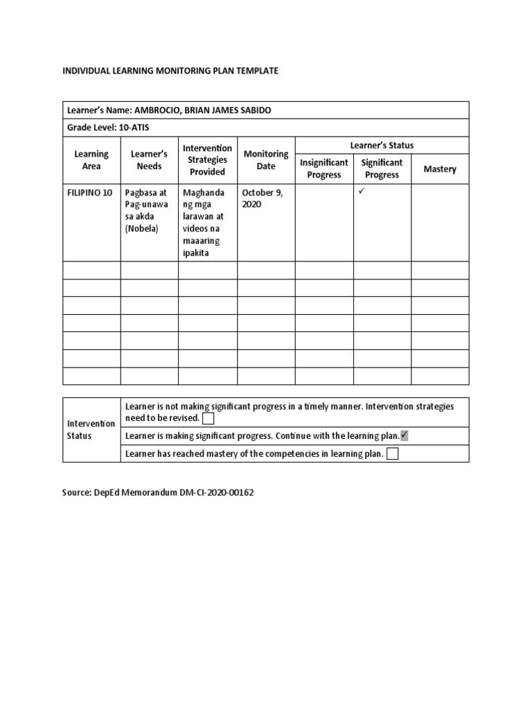 Editable Individual Learning Monitoring Plan | PDF
