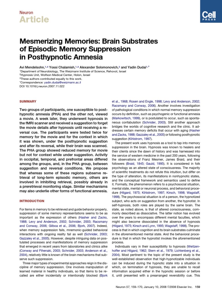 Brain Mechanisms of Memory Suppression | PDF | Hypnosis | Memory