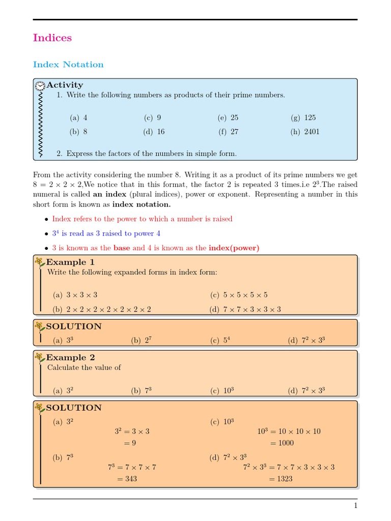 Indices: Activity | PDF | Square Root | Equations