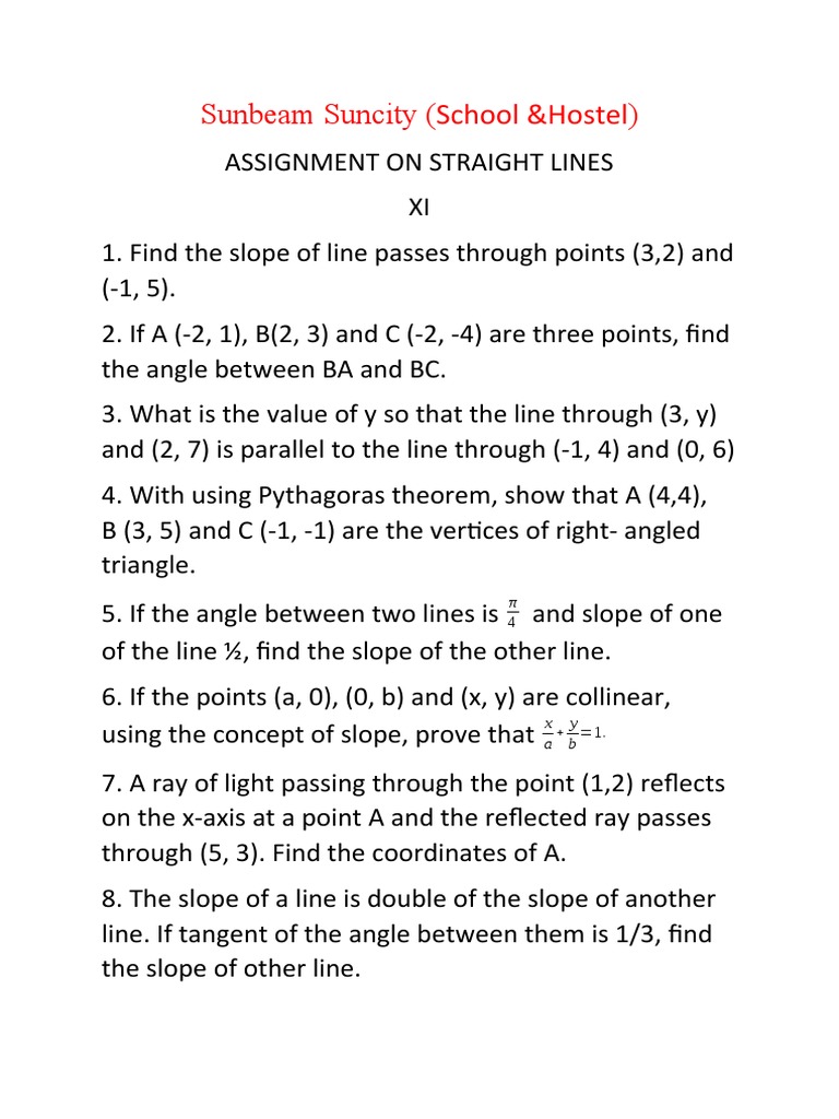 Assignment On Straight Lines | PDF | Cartesian Coordinate System | Line ...